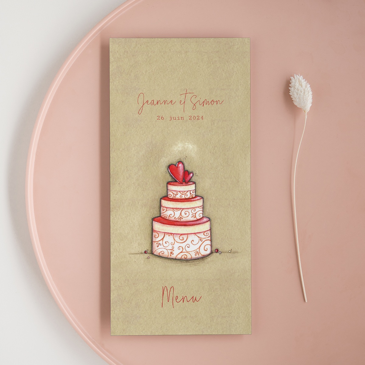 Menu mariage Tendre espièglerie beige rose, simple | Echantillon offert