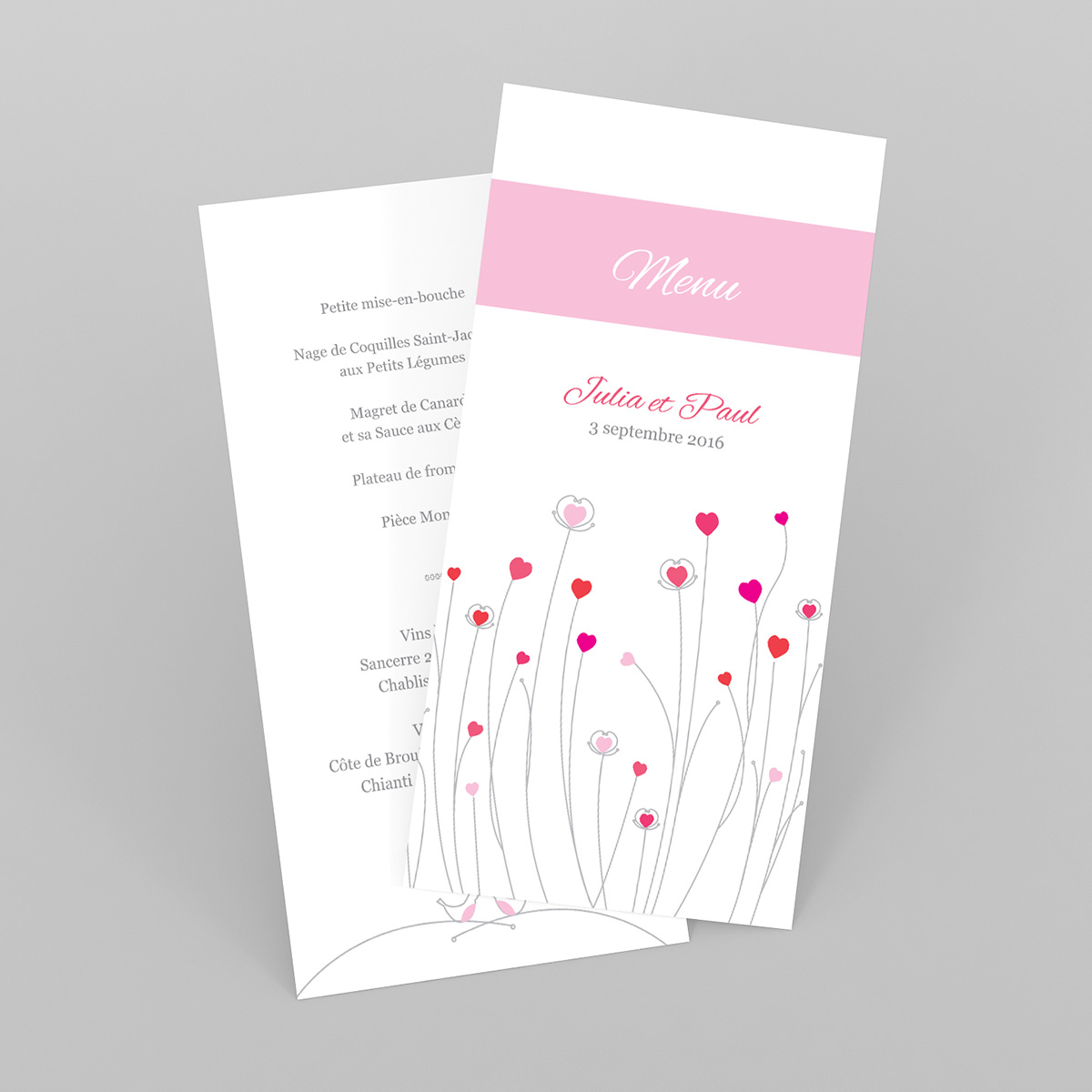 Menu mariage Idylle rose | Echantillon offert